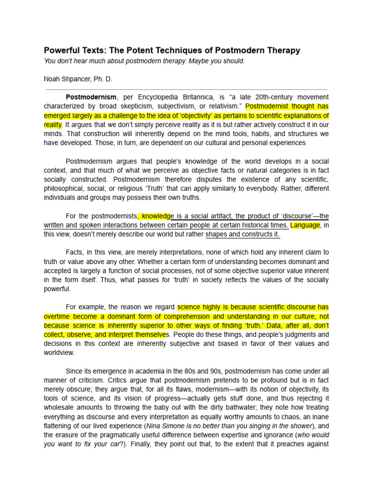 Powerful Texts - The Potent Techniques of Postmodern Therapy | PDF ...