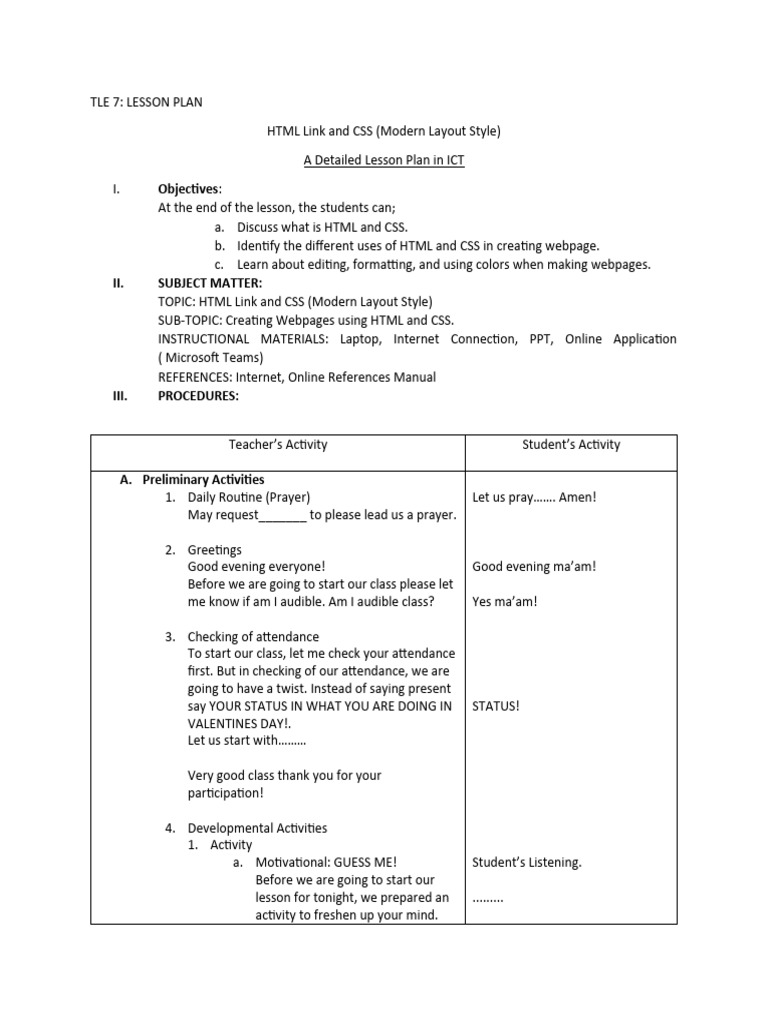 TLE7 LESSON PLAN_SUMALINOG | PDF | Html Element | Html