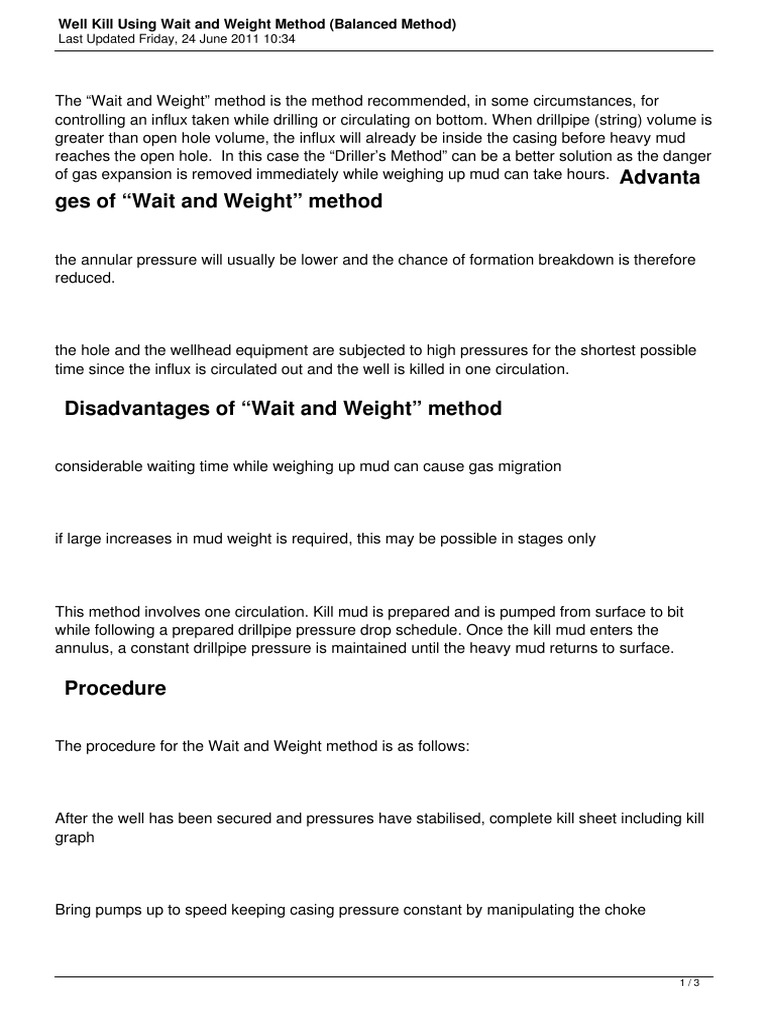 Well Kill: Wait and Weight Method | PDF | Casing (Borehole) | Pressure