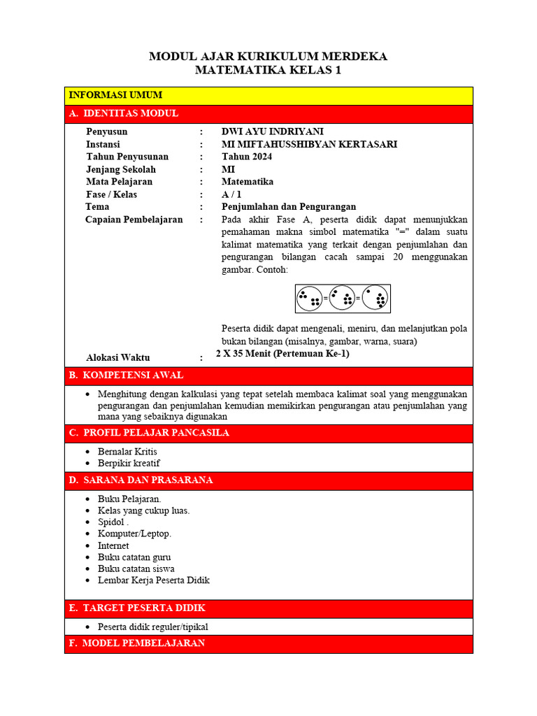 Modul Ajar Matematika Kelas 1 MI | PDF