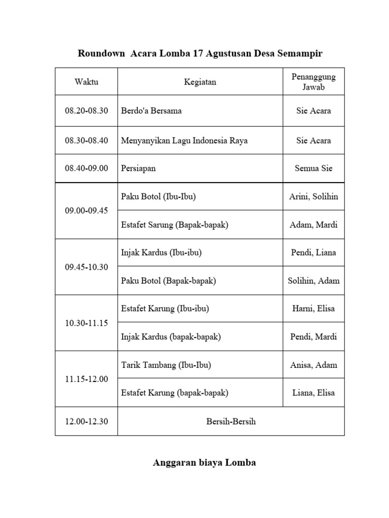 Roundown Acara Lomba 17 Agustusan Desa Semampir | PDF