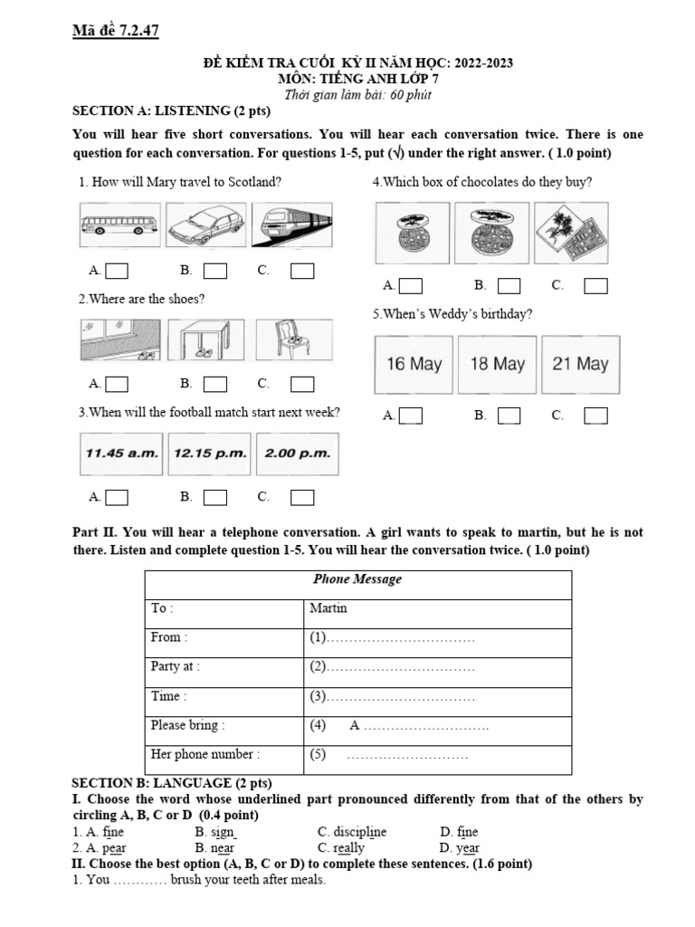 Đề KT CK Ii - Anh 7 (2022-2023) | PDF