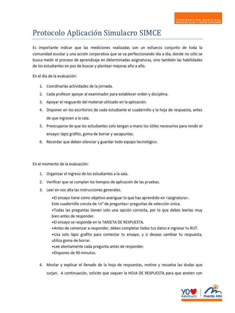 Protocolo Aplicación Simulacro SIMCE | PDF | Evaluación