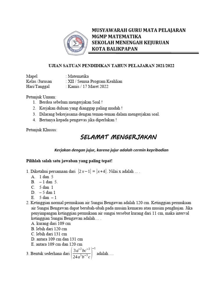 Soal Usp MGMP Matematika 2022 | PDF