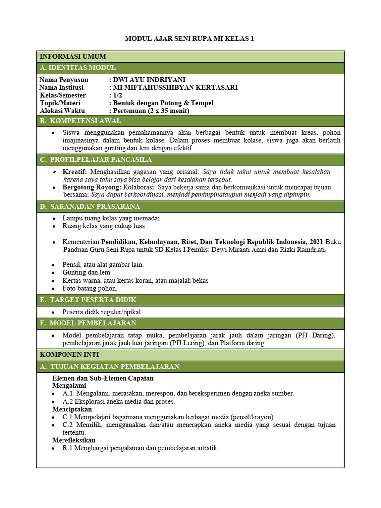 MODUL AJAR SENI RUPA SD KELAS 1 Potong Dan Tempel Smster 2 Print | PDF | Karier & Perkembangan ...