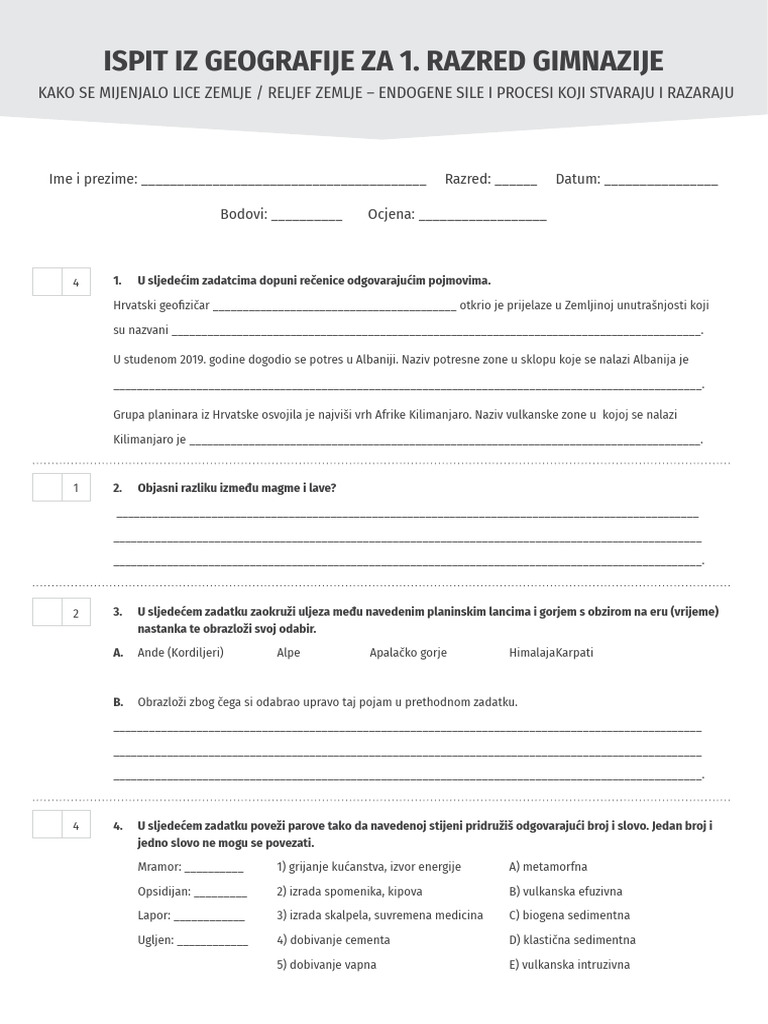 Pisana Provjera Znanja I Geografskih Vještina Reljef 1.dio | PDF