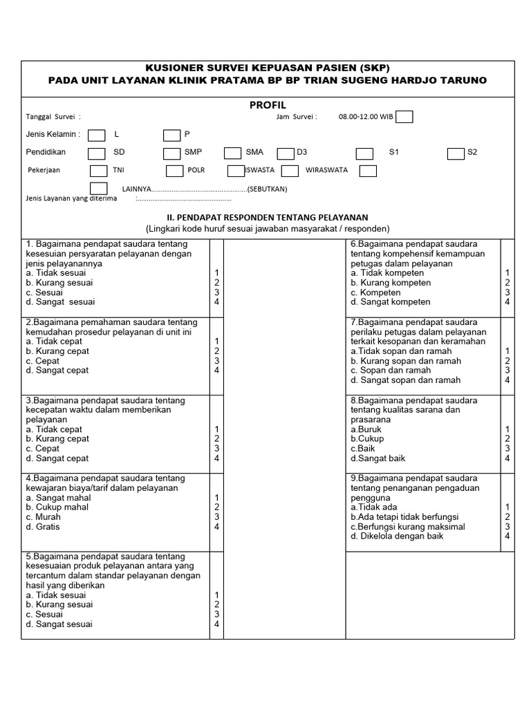 Kusioner Survei Kepuasan Pasien | PDF