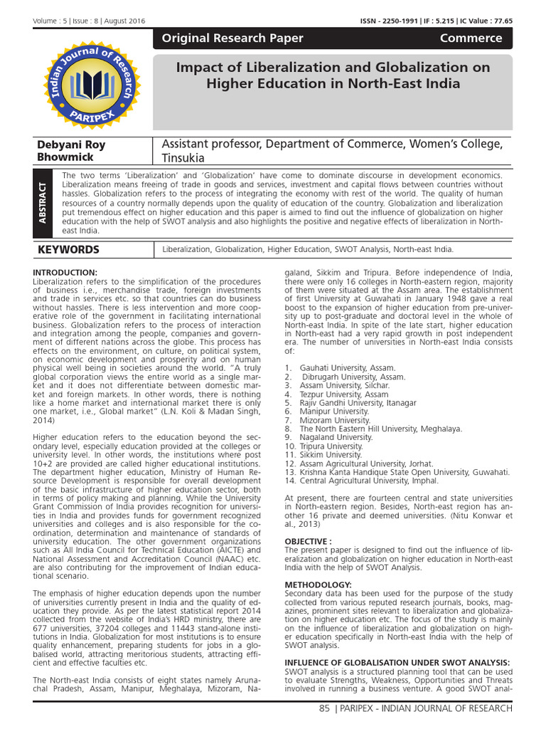 Impact of Liberalization and Globalization On Higher Education in Northeast India August 2016 ...