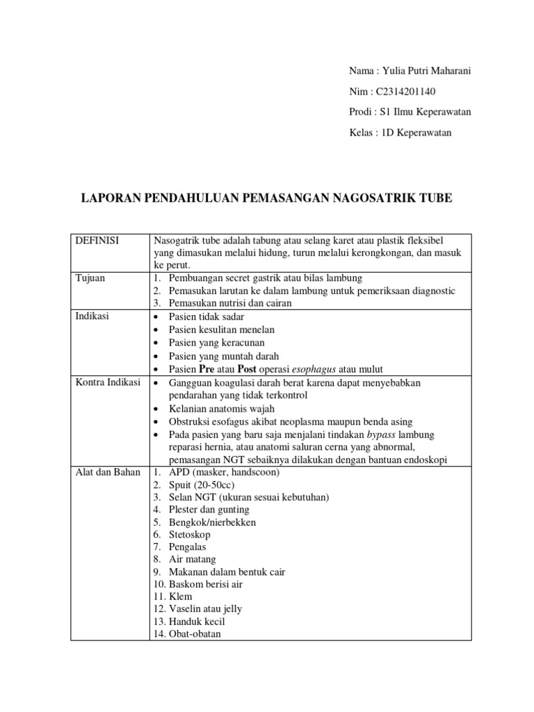 Yulia Putri Maharani - S1Kep1D - SOP - NASO GASTRIC TUBE | PDF