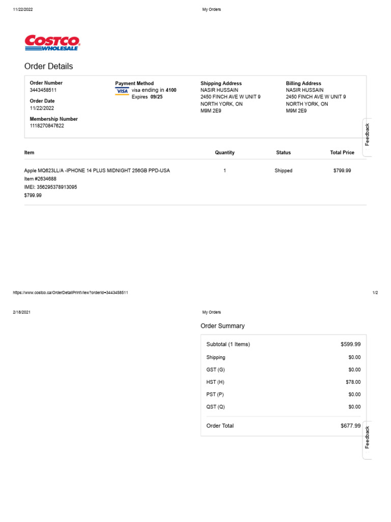 Costco Order Details for iPhone 14 Plus | PDF | Taxation | Taxes