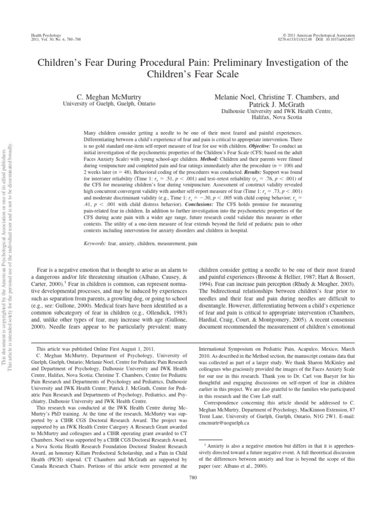 Children's Fear During Procedural Pain Preliminary Investigation of The ...