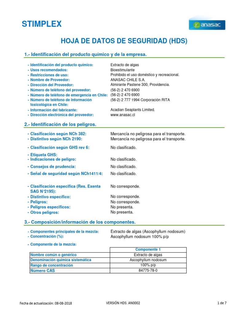 Hoja de Seguridad de Stimplex | PDF | Agua | Primeros auxilios