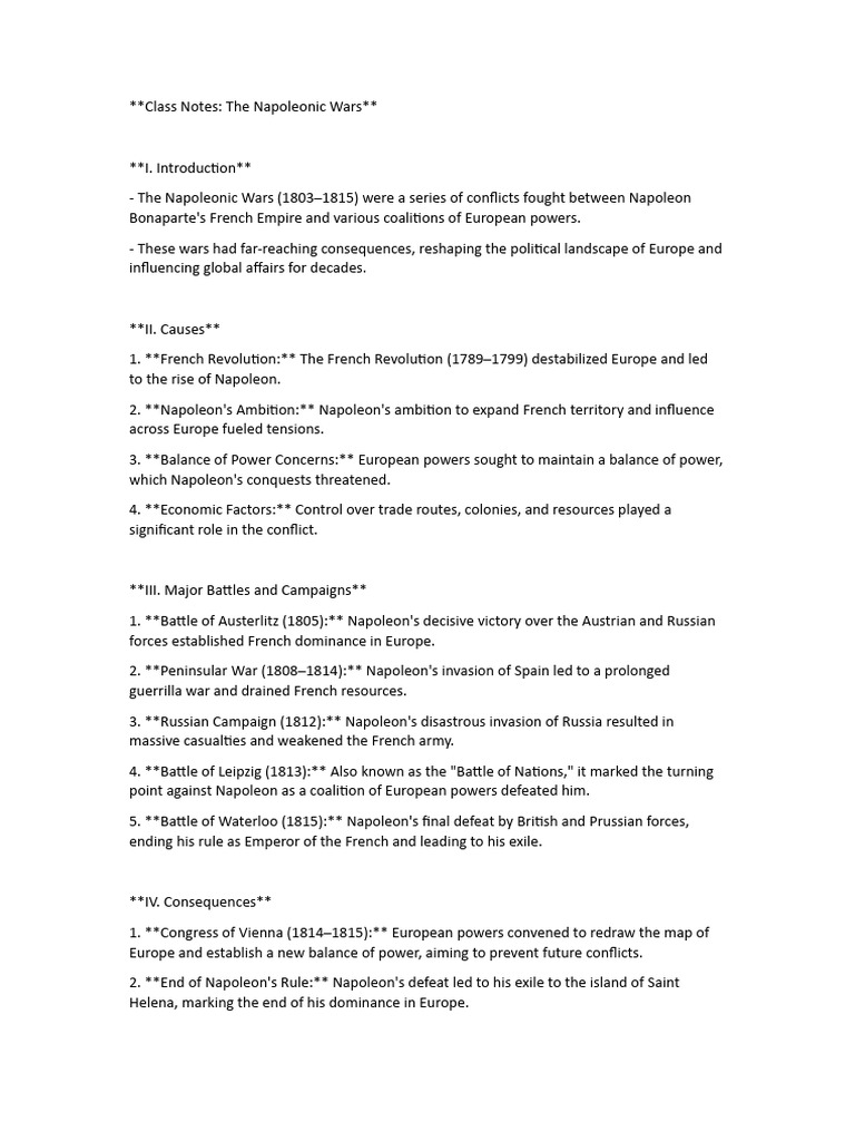 Class Notes-Napoleon and His Great Wars | PDF | First French Empire ...