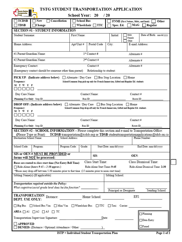NB-Student Transportation Form ISTP (Fillable) v11 | PDF | Transport