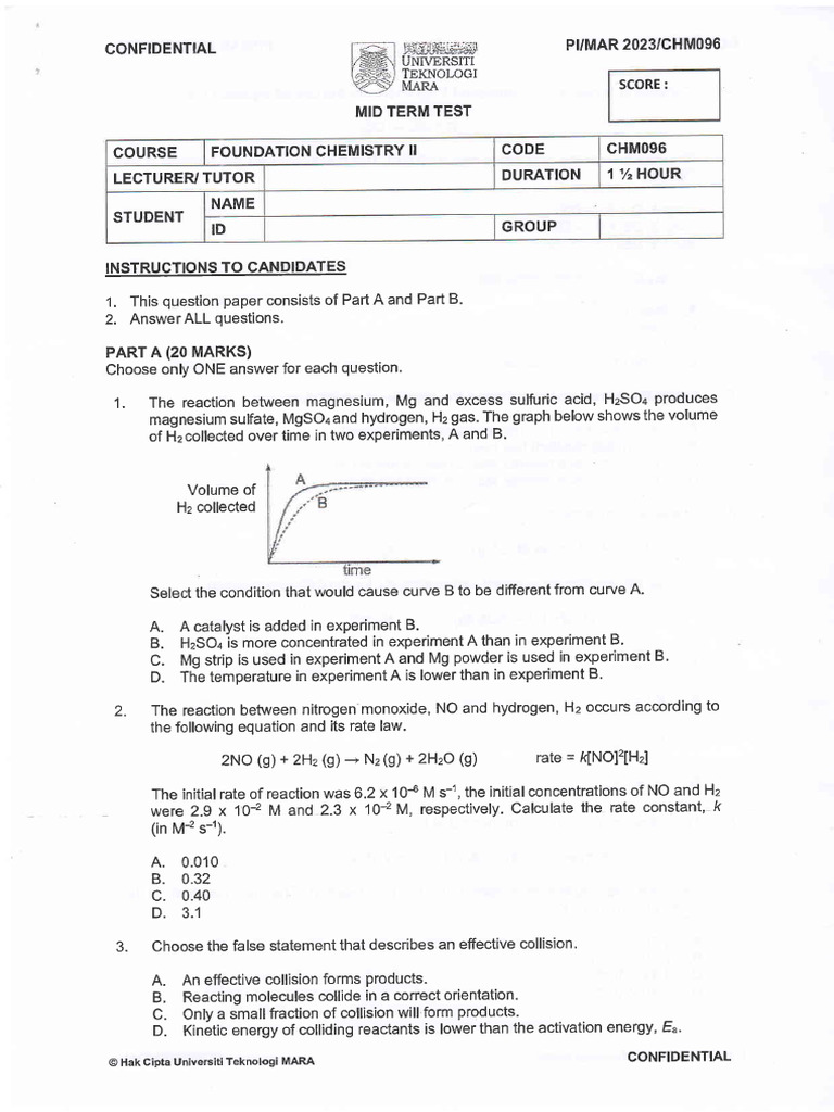 Midterm Test for Foundation Chemistry II | PDF | Chemical Reactions ...