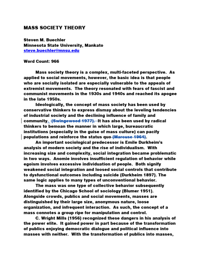 Mass Society Theory Explained | PDF | Sociology | Émile Durkheim