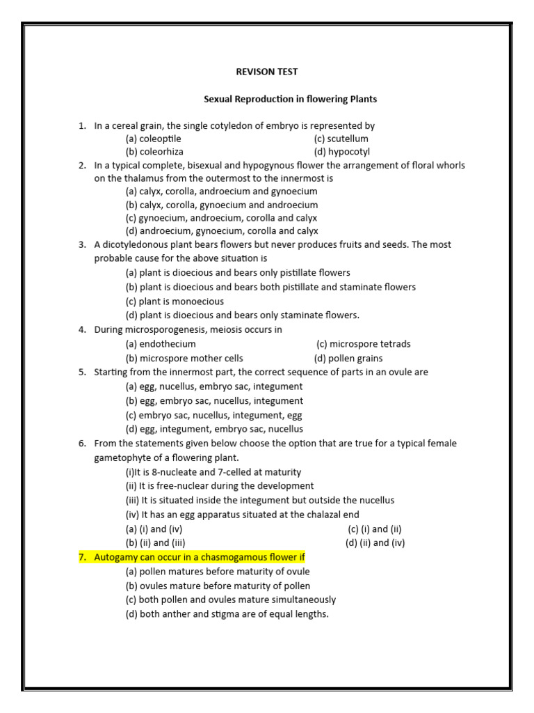 Sexual Reproduction in Flowering Plants - Practce Worksheet | PDF ...
