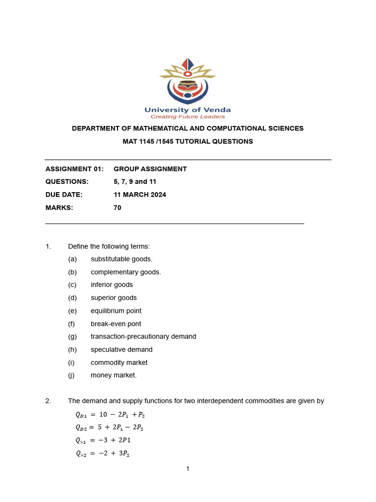 Mat 1145 Chapter 1 Tutorial Questions | PDF | Economic Equilibrium ...