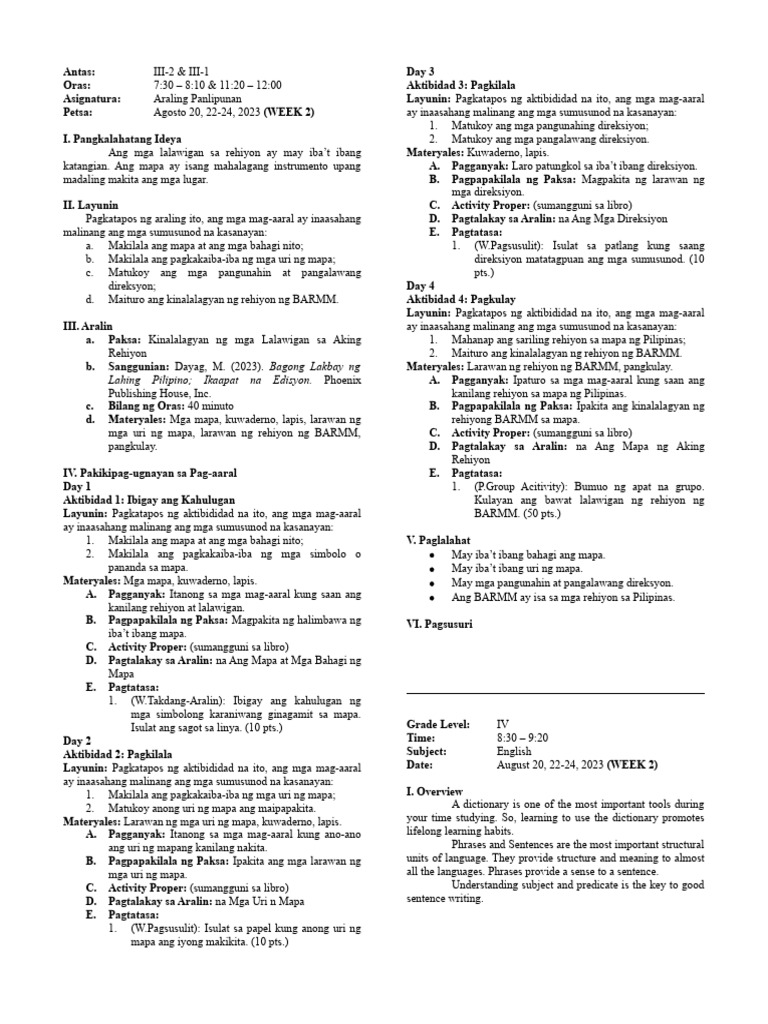 Lesson Plan (Aug - Week 2) | PDF