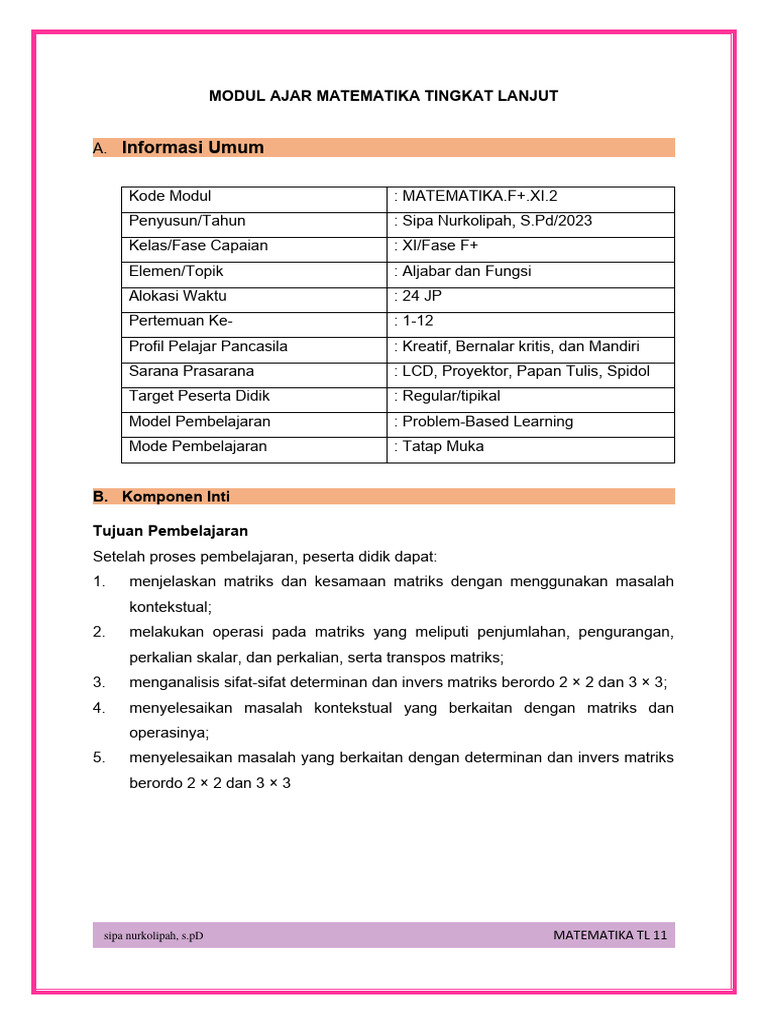 Modul Ajar Matematika Kelas XI: Matriks | PDF
