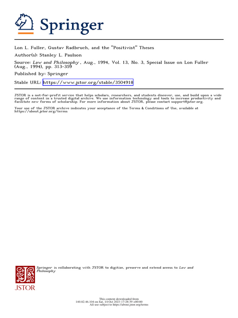 Lon L. Fuller, Gustav Radbruch, and The Positivist Theses | PDF ...
