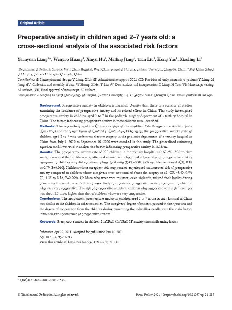 Preoperative Anxiety in Children Aged 2-7 Years Old | PDF | Anxiety ...