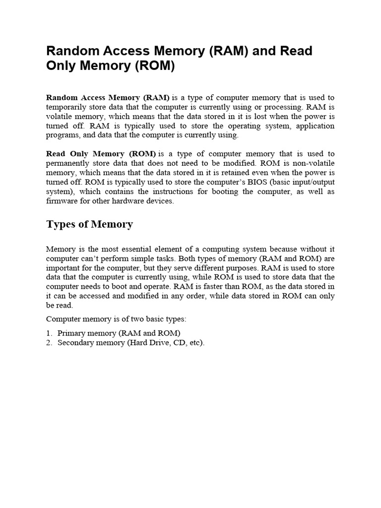 RAM vs ROM: Key Differences Explained | PDF | Random Access Memory | Read Only Memory