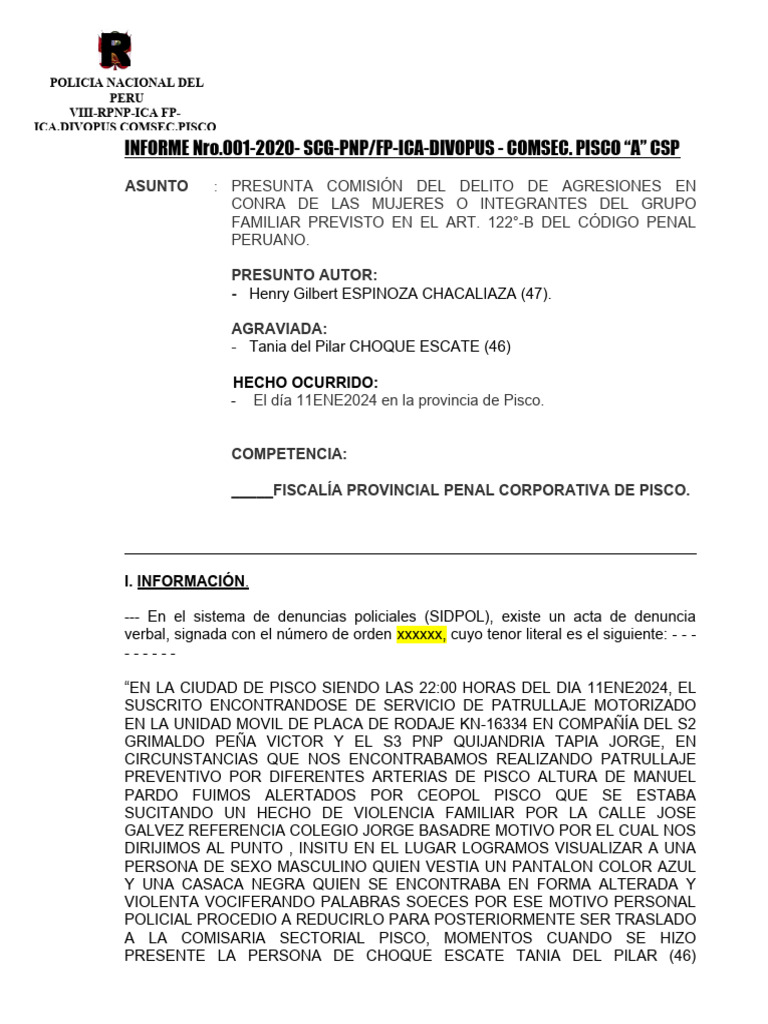 Modelo de Informe Policial | PDF | Violencia doméstica | Crímenes