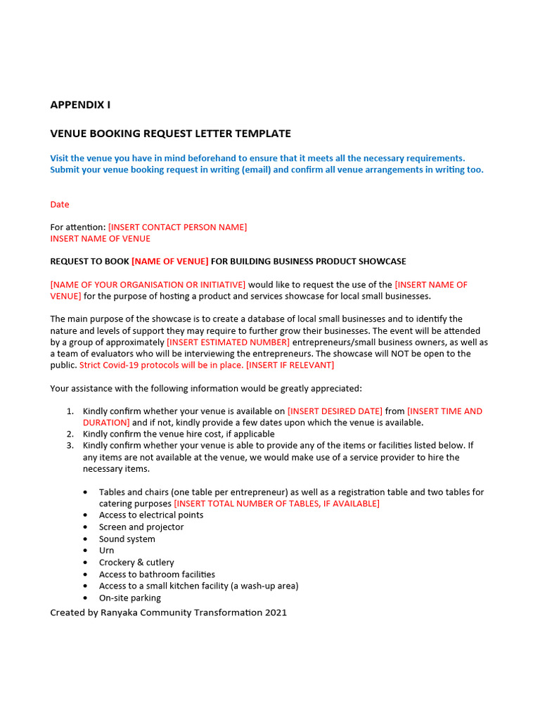 Appendix i Venue Booking Request Letter Template | PDF