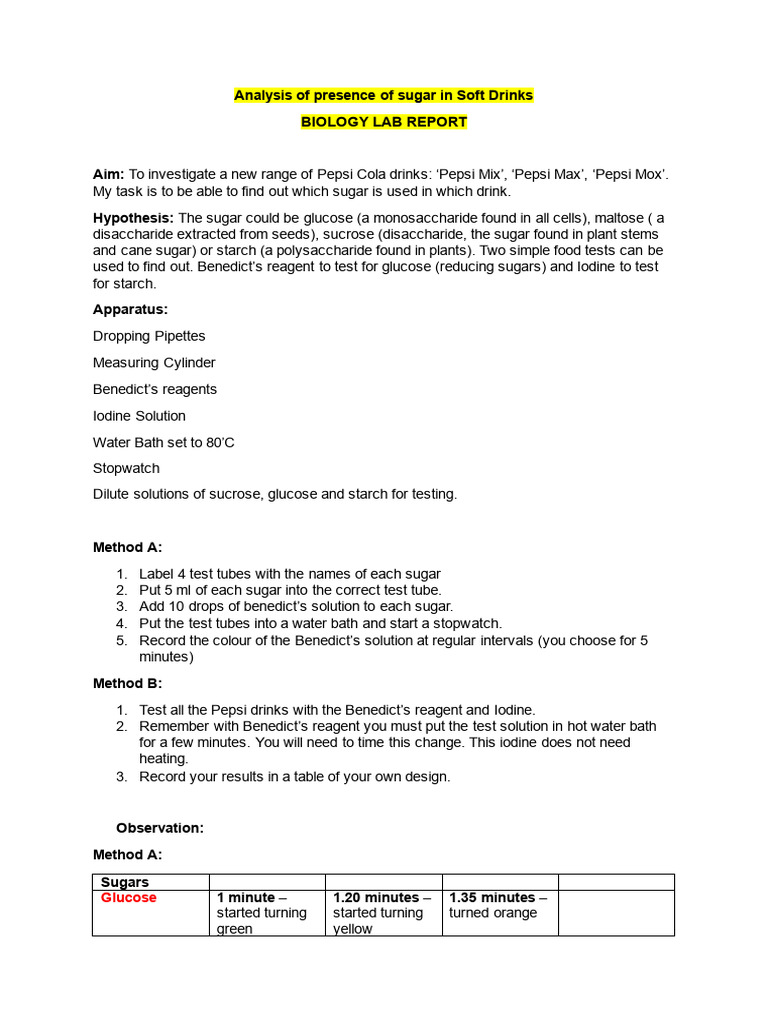 Analysis of Sugars in Soft Drinks - BIO LAB REPORT | PDF | Sucrose ...
