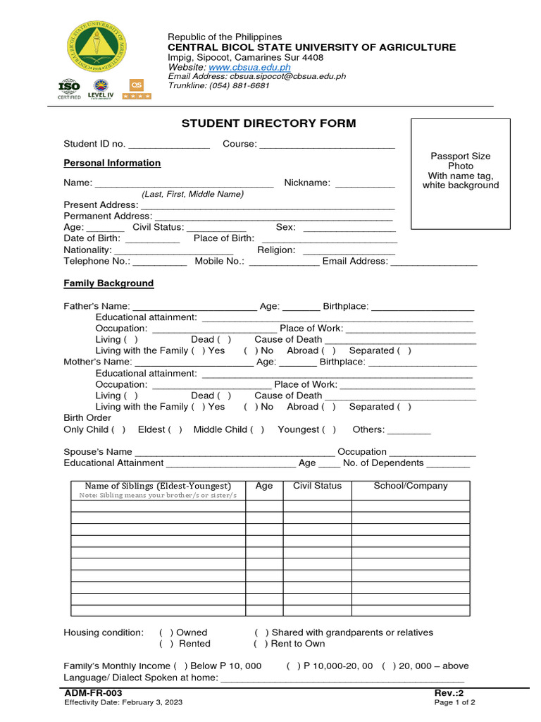 ADM-FR-003 Student Directory Form - Revise | PDF