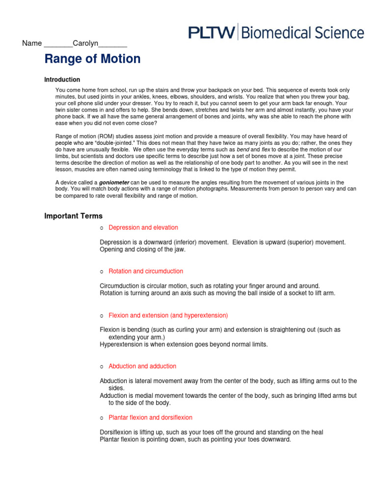 Range of Motion KEY | PDF | Anatomical Terms Of Motion ...