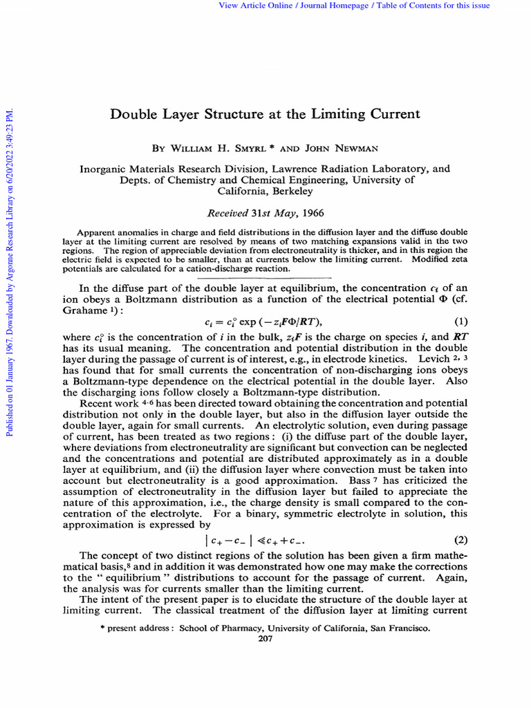 1966 Double Layer Structure At The Limiting Current Pdf Ion Diffusion