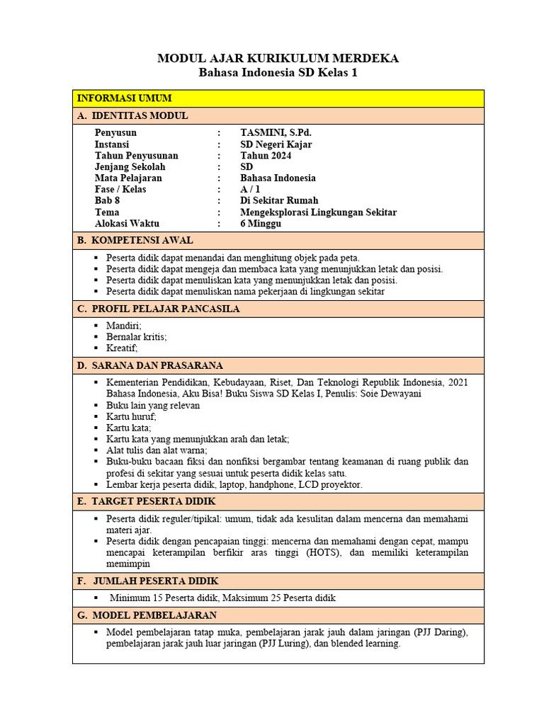 Modul Ajar BAB 8 B.ind Kelas 1 | PDF