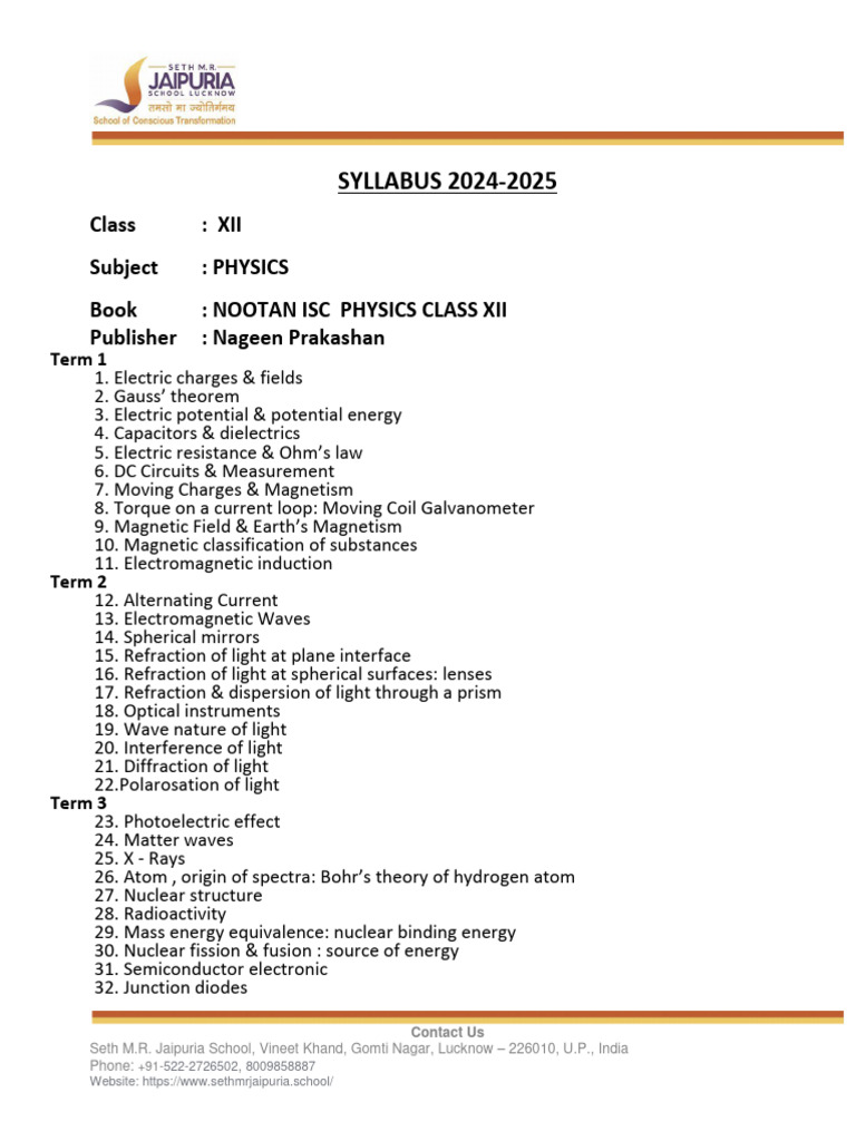 Class 12 Physics Syllabus 2024-25 | PDF