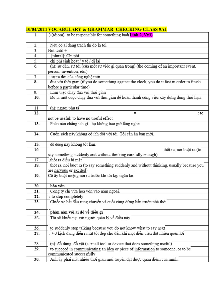 10.04.2024 STUDENT VOCABULARY CHECKING CLASS 9A1 | PDF