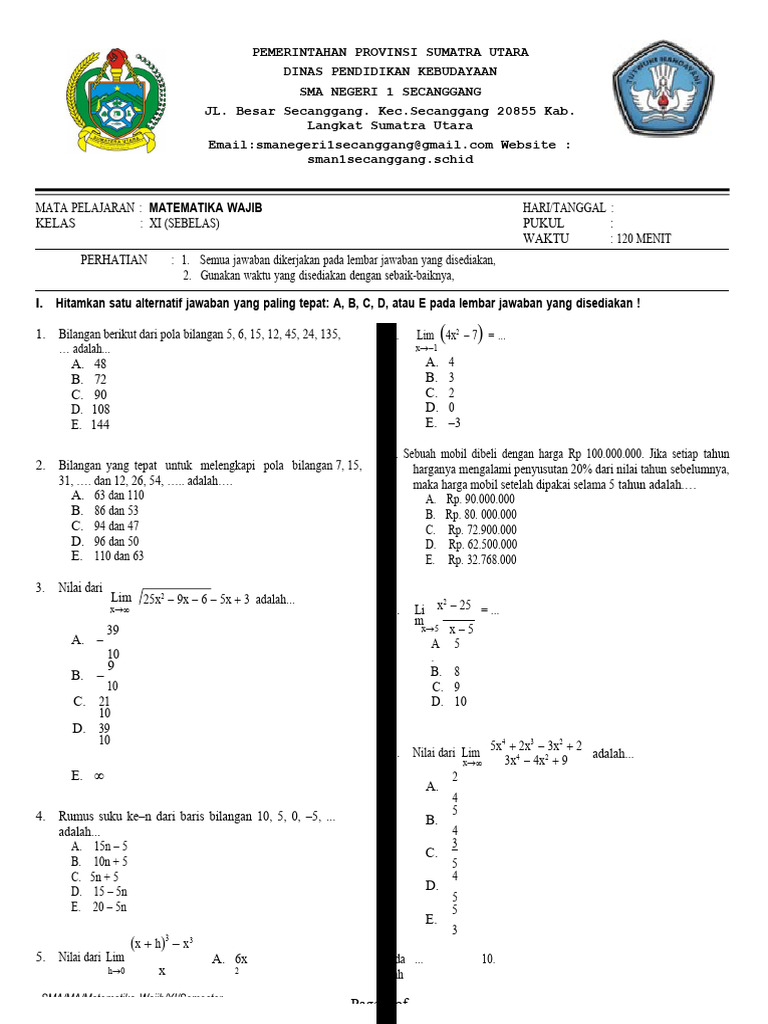 Soal PAT MTK Wajib Kelas XI K13 - WWW - Kherysuryawan.id | PDF
