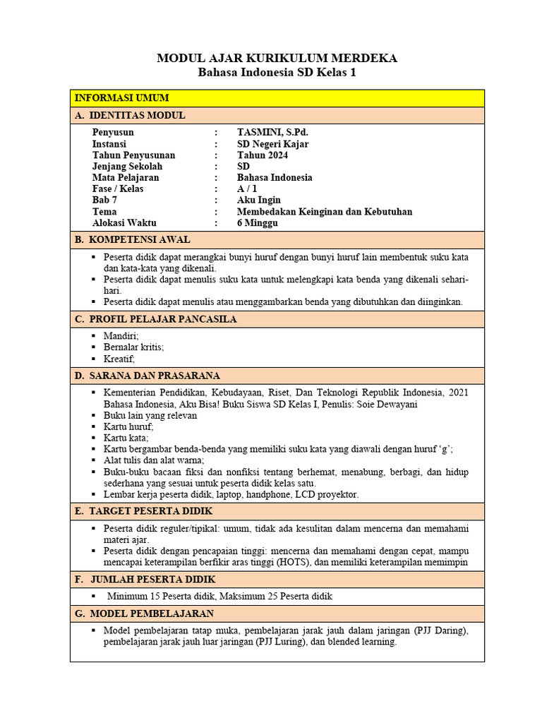 7. Modul Ajar BAB 7 B.IND KELAS 1 | PDF