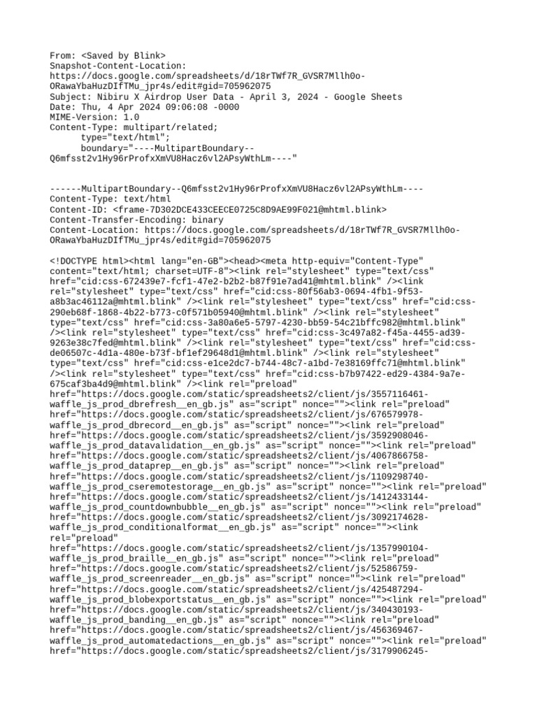 Nibiru X Airdrop User Data - April 3, 2024 - Google Sheets | PDF Nibiru X Airdrop User Data - April 3, 2024 - Google Sheets | PDF