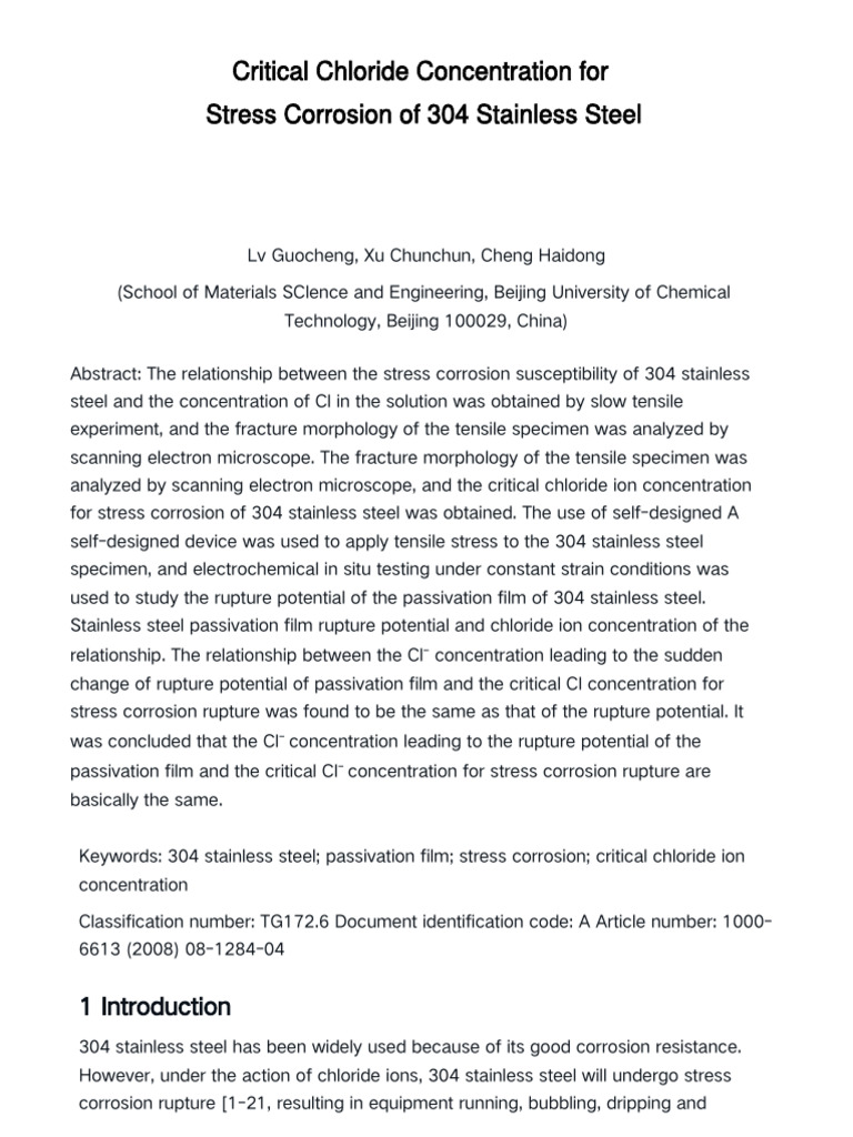 Chloride Concentrationfor Stress Corrosion of 304 Stainless Steel | PDF | Fracture | Corrosion