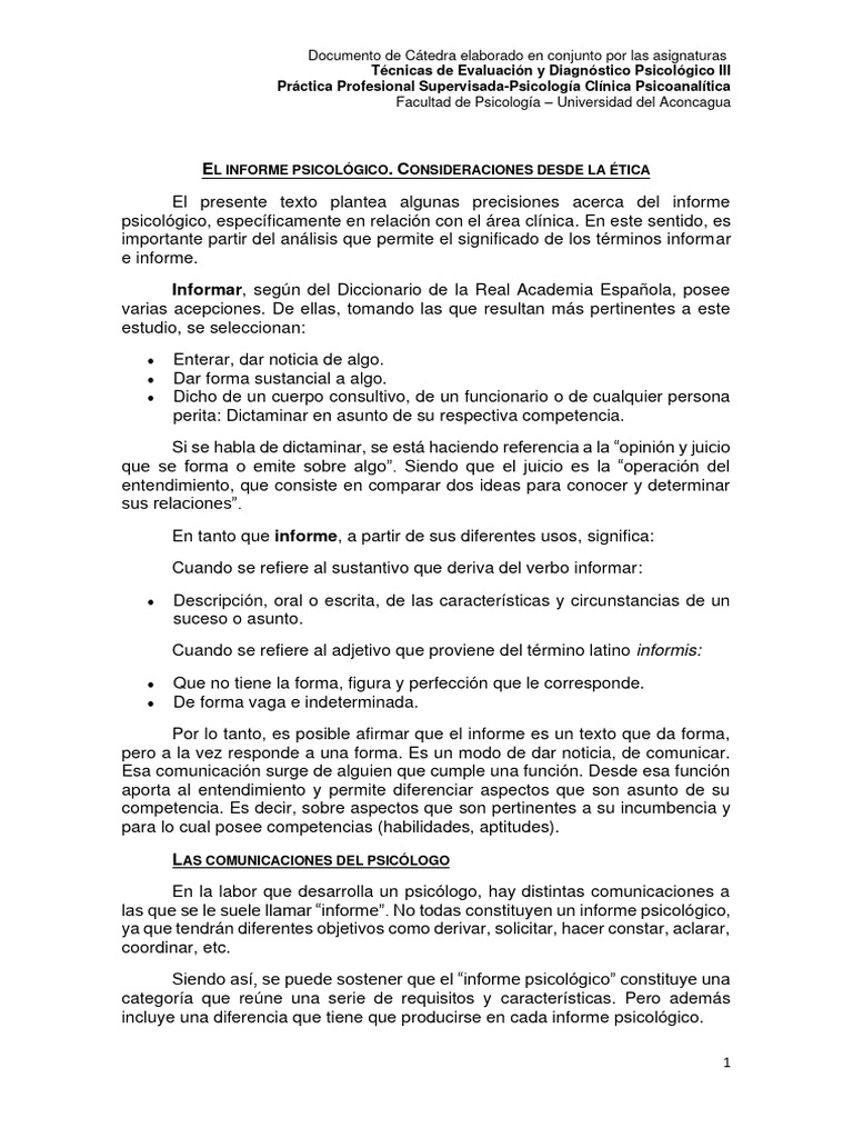 El Informe Psicológico - Doc de Cátedra | PDF | Sicología | Evaluación