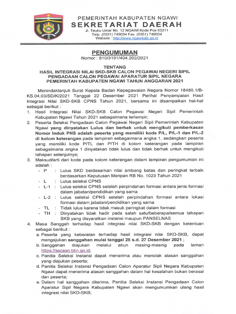 Pengumuman Hasil Integrasi Nilai SKD SKB CPNS Kab. Ngawi Th. 2021 | PDF