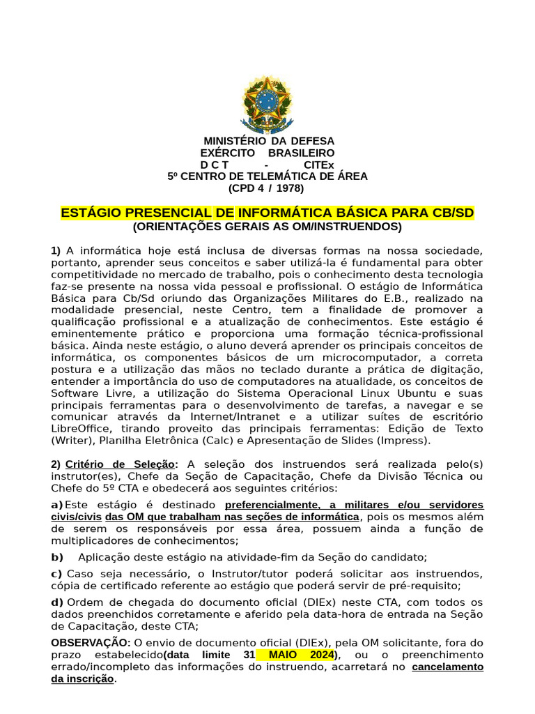 ORIENTA ES GERAIS As OM-Instruendos - Est Gio de Inform Tica B Sica para Cb-Sd-24 | PDF ...