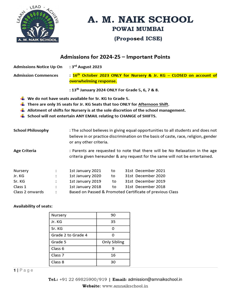 A.M. Naik School 2024 Admissions | PDF