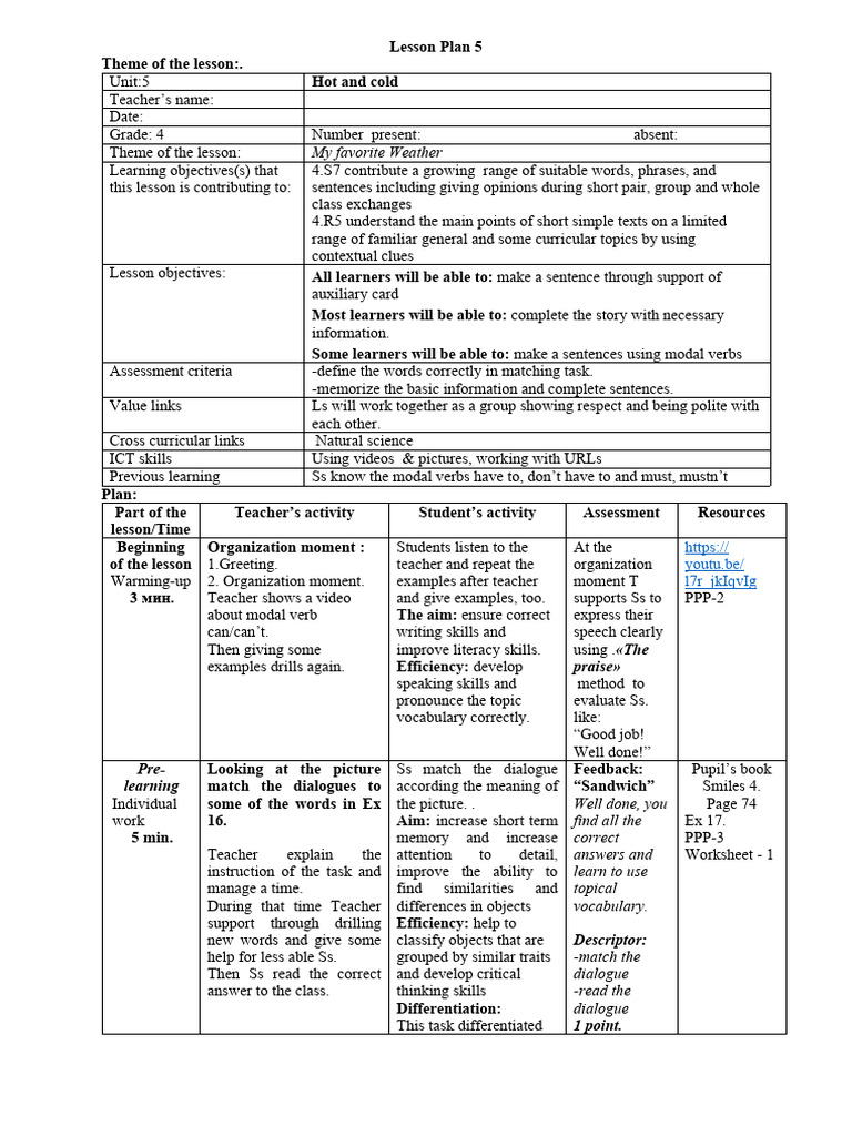 Lesson Plan-4 Grade | PDF | Learning | Teachers
