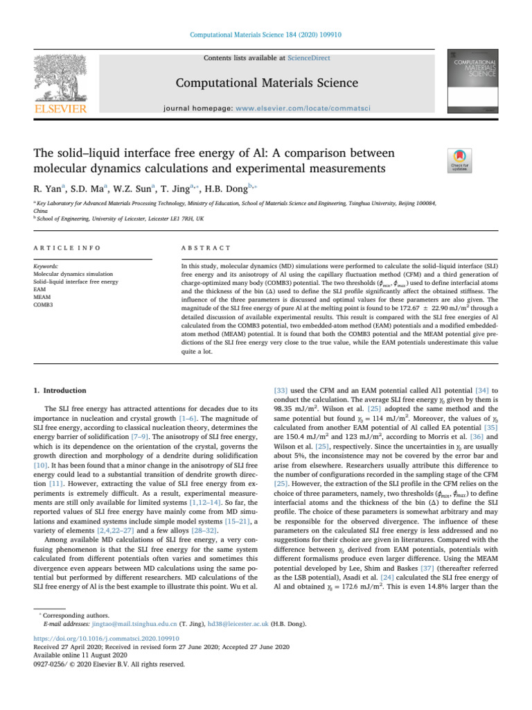 The Solid-Liquid Interface Free Energy of Al. A Comparison Between Molecular Dynamics ...