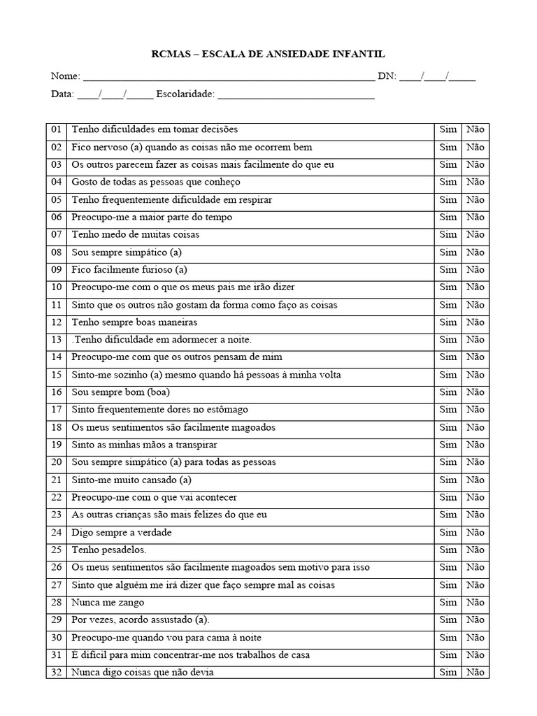 RCMAS - ESCALA DE ANSIEDADE INFANTIL | PDF