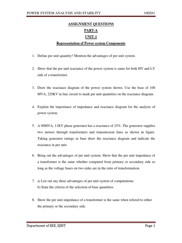 Eee-Vi-Power System Analysis and Stability (10ee61) - Assignment | PDF | Electrical Impedance ...