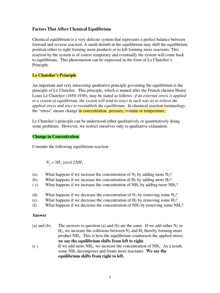 Factors That Affect Chemical Equilibrium | PDF | Chemical Equilibrium ...