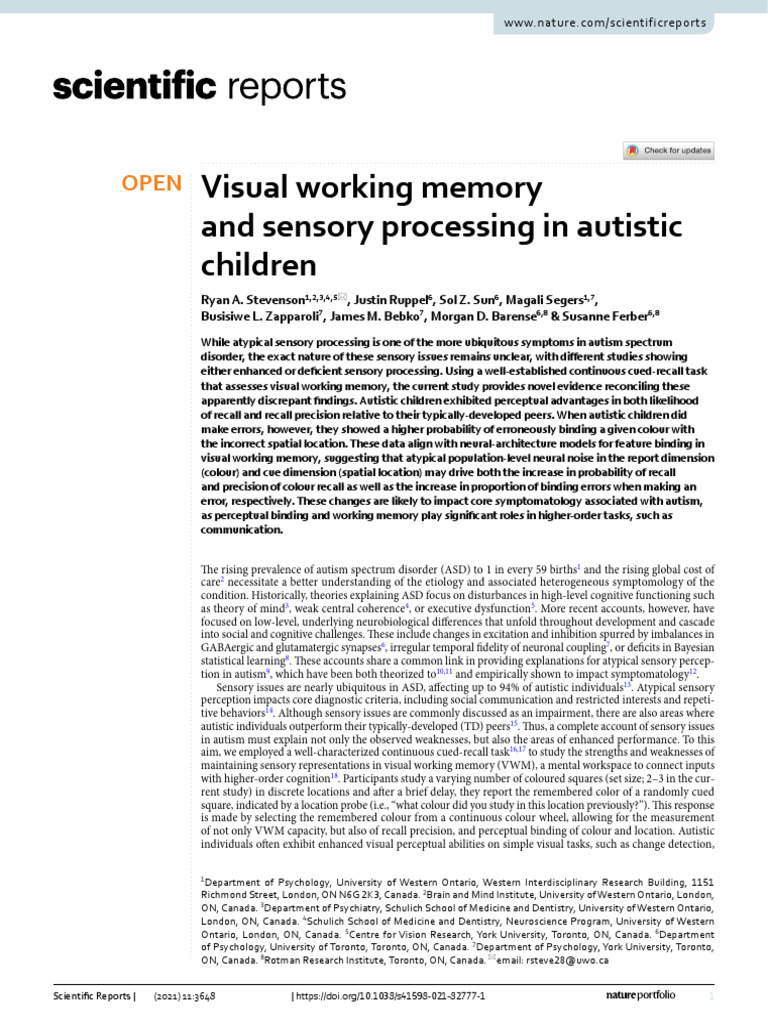Visual Working Memory and Sensory Processing in Autistic ChildrenScientific Reports | Download ...